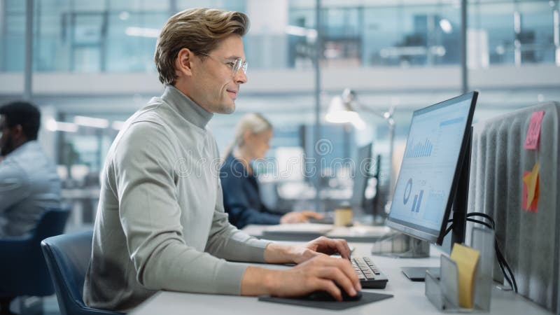 In Big Corporate Office: Portrait of Confident Handsome Manager in Grey ...