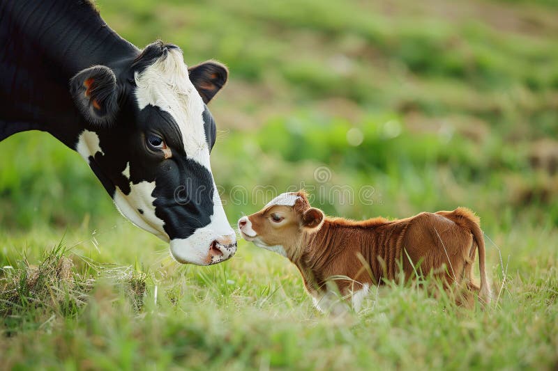 Big Cow and Little Calf on the Grass Stock Illustration - Illustration ...