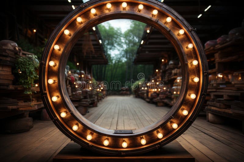 A Big Creative Structure of Round Wood Sign with Glowing Bulbs Stock ...