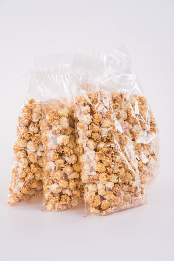 Big and Crispy Caramel Popcorn in Transparent Plastic Pack Stock Photo ...
