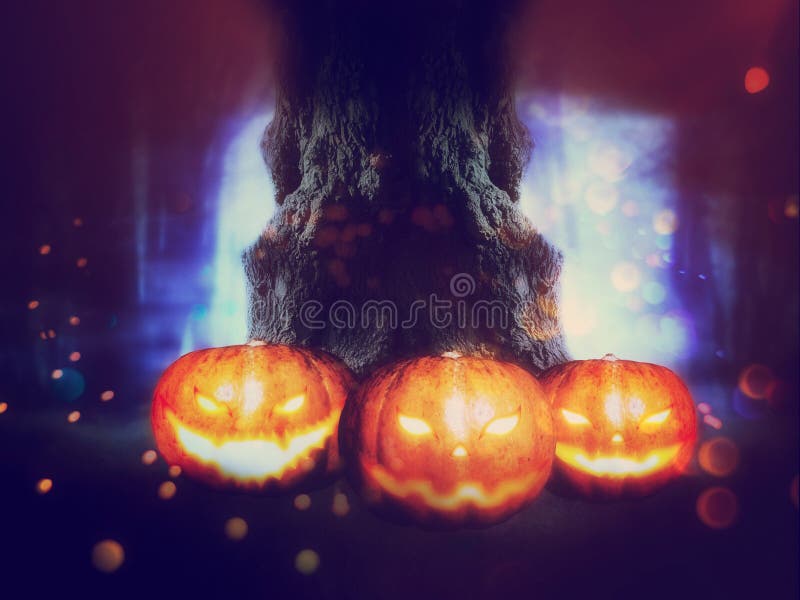 Spooky Tree with Pumpkins stock illustration. Illustration of horror ...