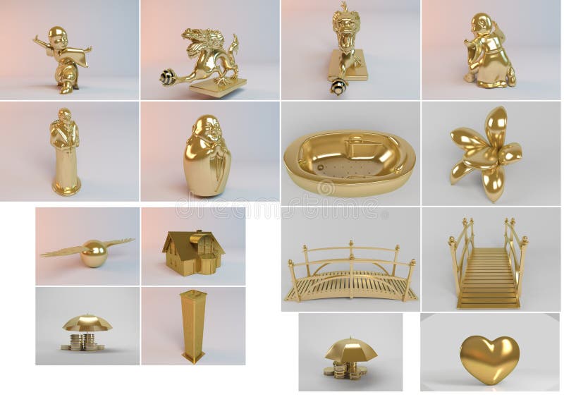 Big 3d Collection of Golden Objects Stock Photo - Image of easily ...