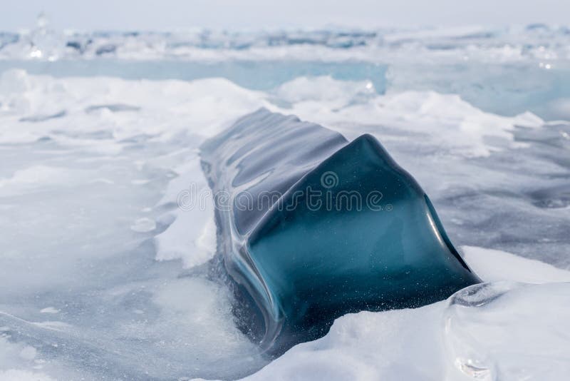 A Big Dark Blue Square Piece of Ice on Surface of Frozen Baikal Stock ...