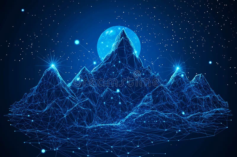 Big Data. Abstract Digital Mountains Range Landscape with Glowing Light ...
