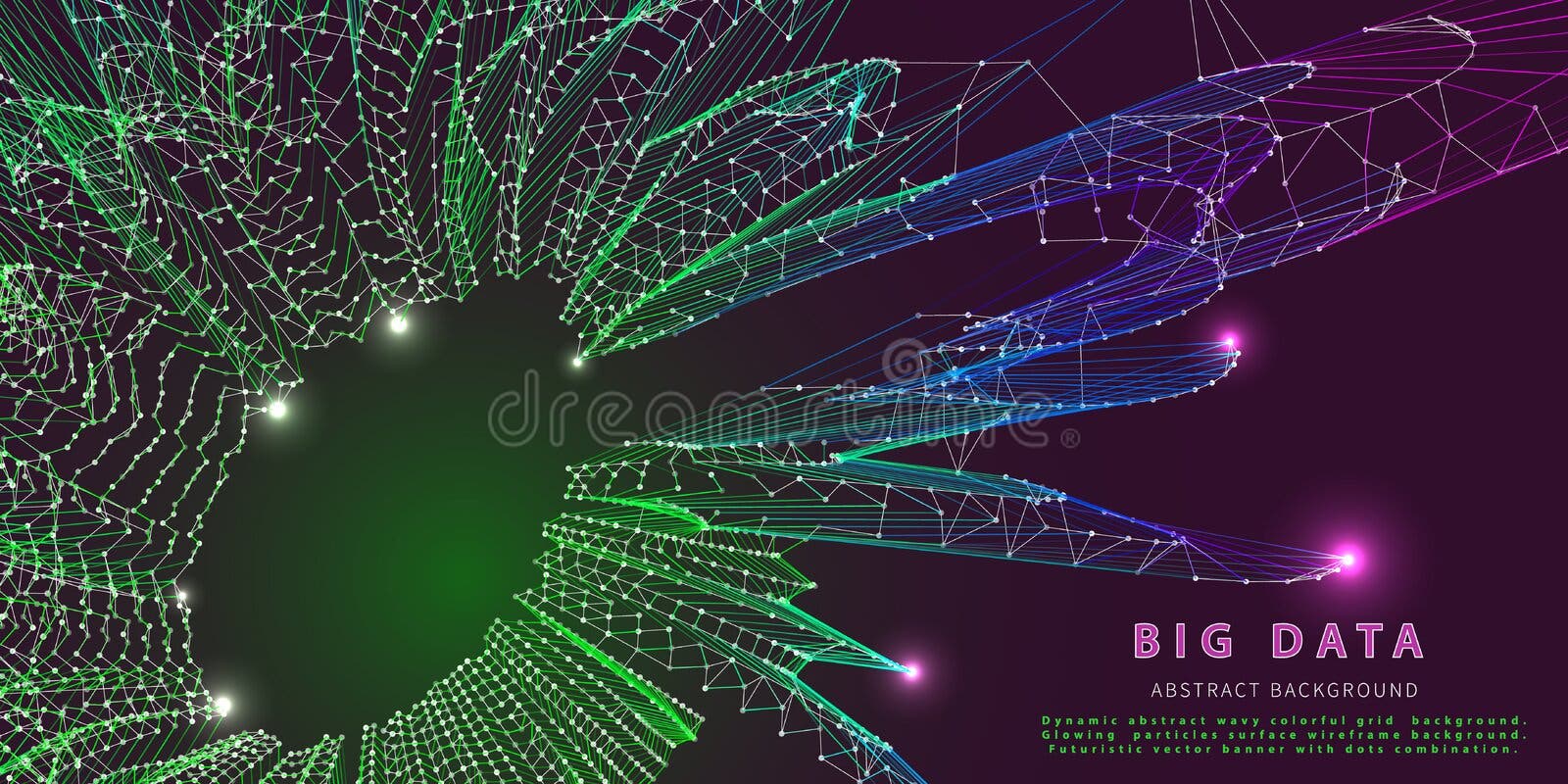 Chaotic Abstract Colorful Grid Concept on Dark Background . Futuristic Vector Banner with Dots ...