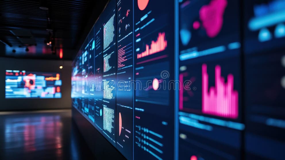 Big Data Analysis Displaying On Multiple Computer Screens In Control Room Stock Image Image Of