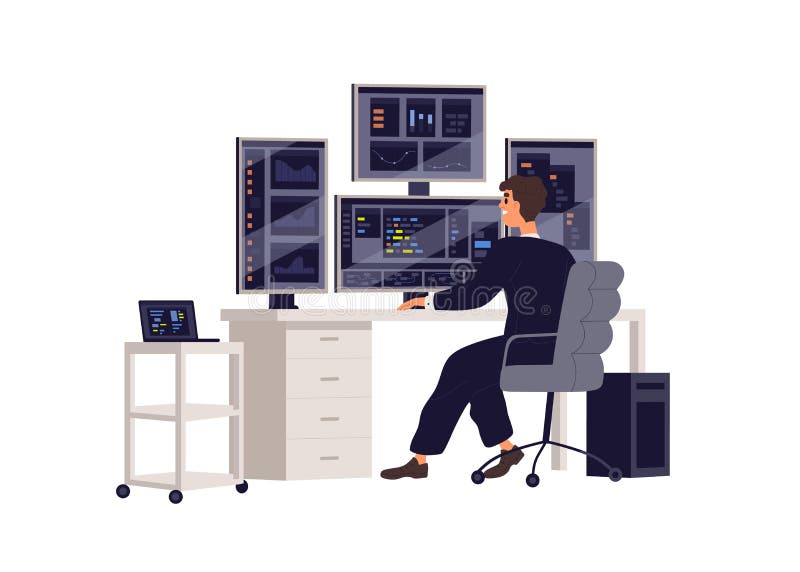 Man Working with Big Data and Databases, Using Laptop and Excel Tables. Office Worker Making ...