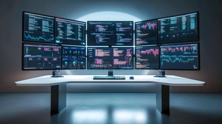 Big Data Analysis Room Showing Charts and Code on Multiple Monitors ...