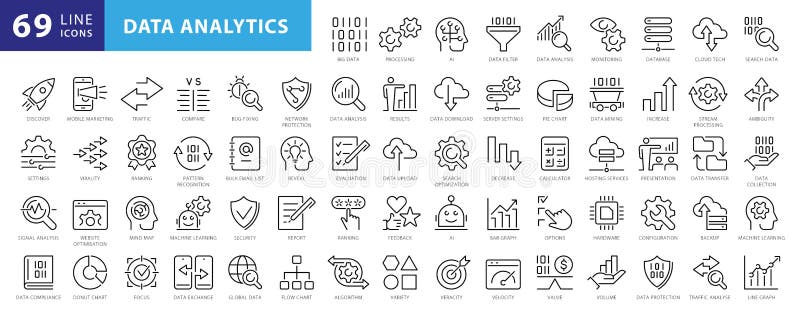 Big Data Analysis Thin Line Icon Set. Stock Vector - Illustration of ...