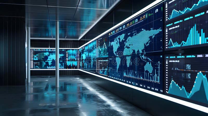 Big Data Analytical Center Screens with Graphs on the Walls, Generative ...
