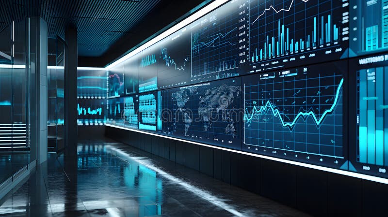 Big Data Analytical Center Screens with Graphs on the Walls, Generative ...