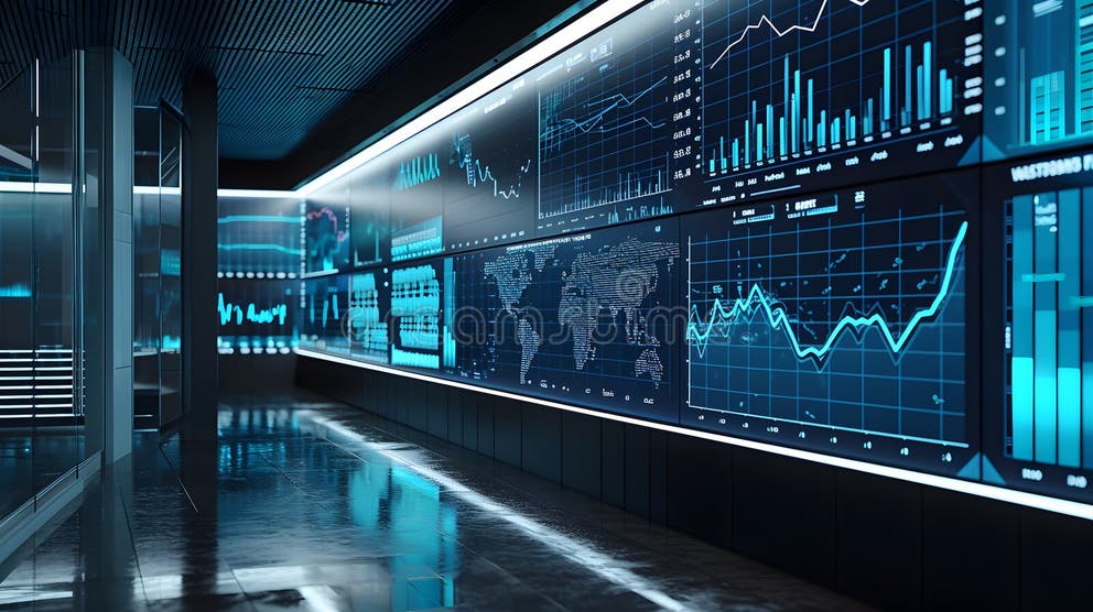 Big Data Analytical Center Screens with Graphs on the Walls, Generative ...