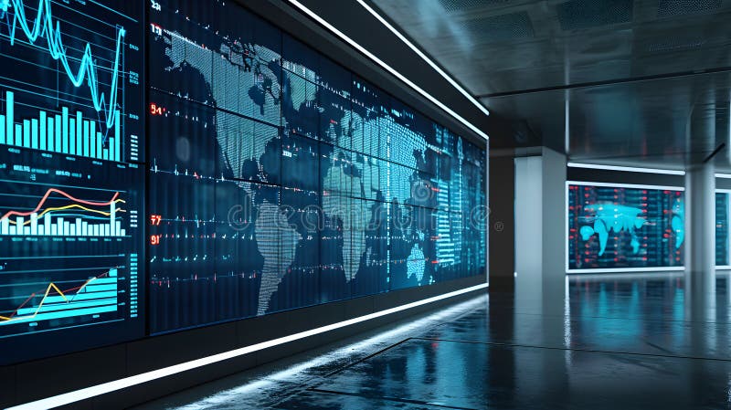 Big Data Analytical Center Screens with Graphs on the Walls, Generative ...