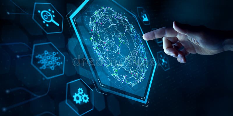 Big Data Analytics Automated with AI Technology. Person Touching Screen with Machine Learning ...