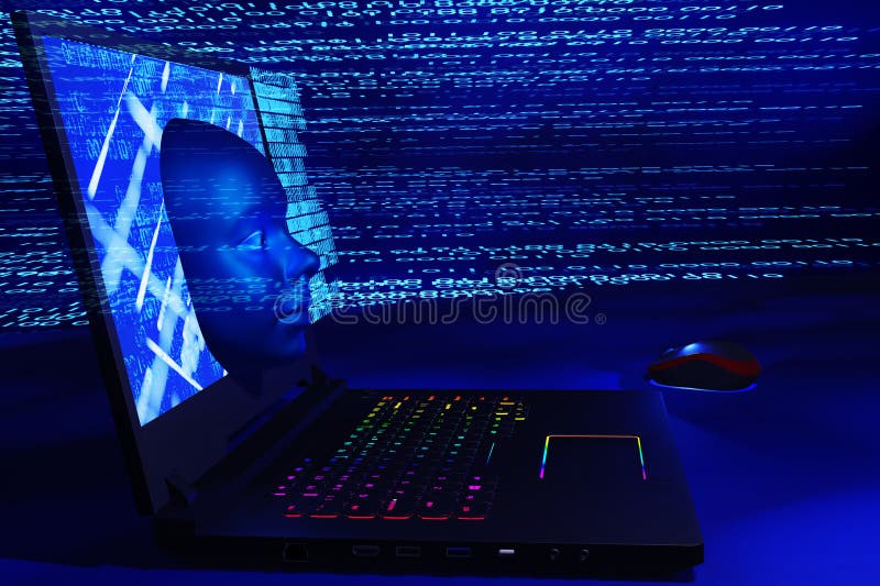 Big Data and Artificial Intelligence Concept. Cyber Machine Head Comes ...