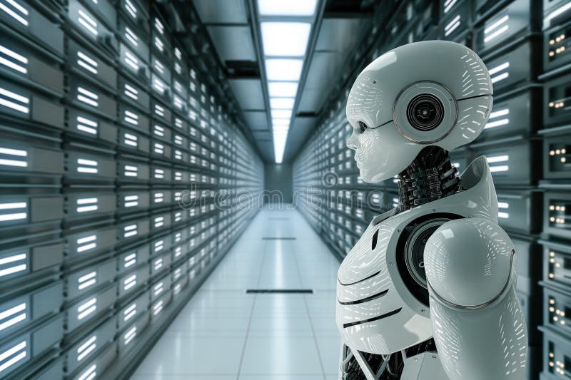 Data Center a Robot Engineer is Working Inside. White and Blue Colors ...