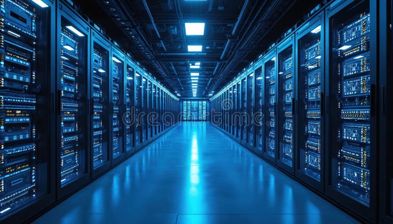 Big Data Center with High Tech Server Computers at Work. Bitcoin Crypto ...