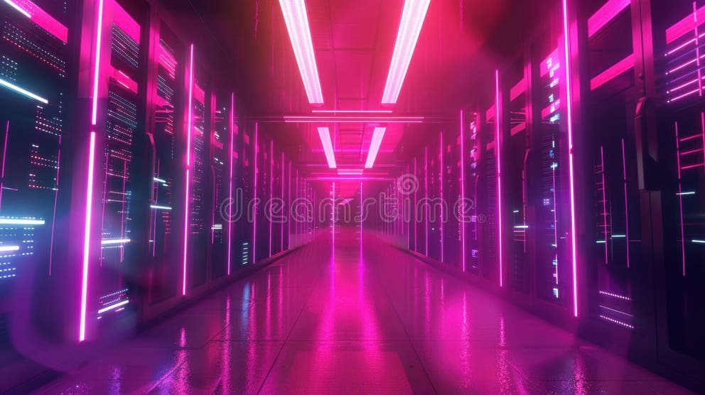 Big Data Center with Neon Lights Illuminating Server Racks Stock Photo ...