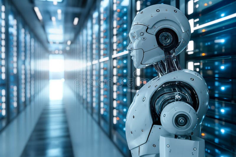 Big Data Center and a Robot Engineer is Working Inside. White and Blue ...