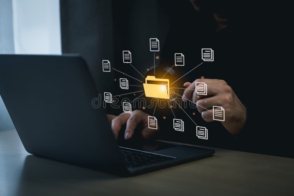 Big Data Clouds Computing Database, Document Management System, Businessman Use Magnifying ...