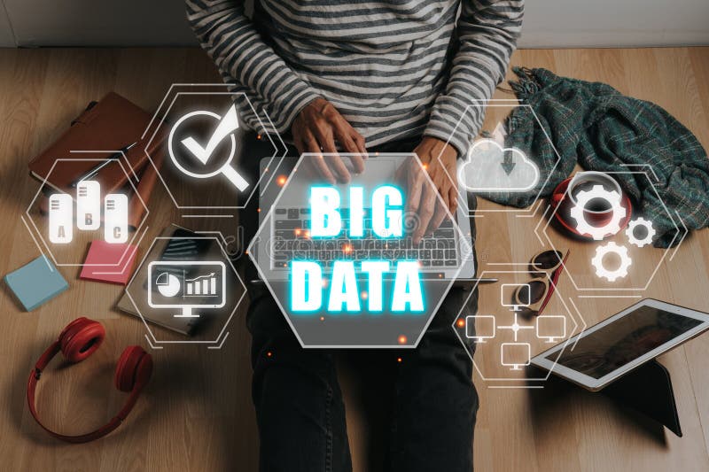 Business Person Working on Laptop Computer with Big Data Icon on ...