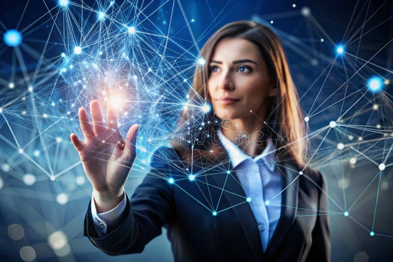 Big Data Concept, Digital Neural Network, Business Woman Hand Touching Introduction of ...