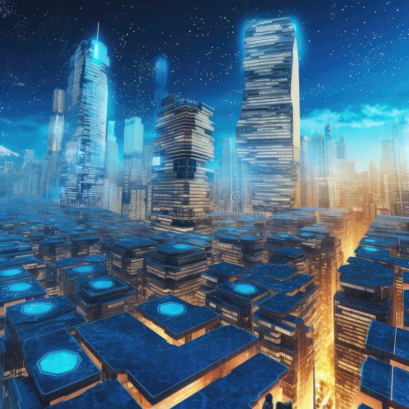 Big Data Connection Technology Concept. Cityscape, Skyscraper, Virtual ...