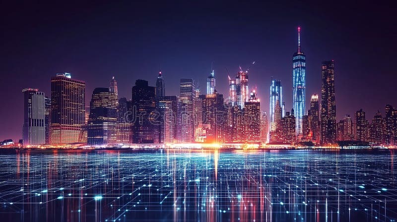 Night Cityscape Digital Network Skyline Modern Urban Lights Data View ...