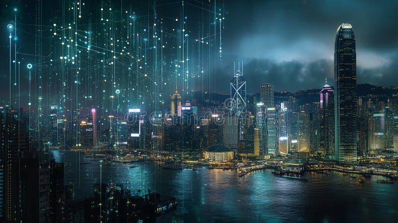 Night Cityscape Digital Network Skyline Modern City Lights Urban ...