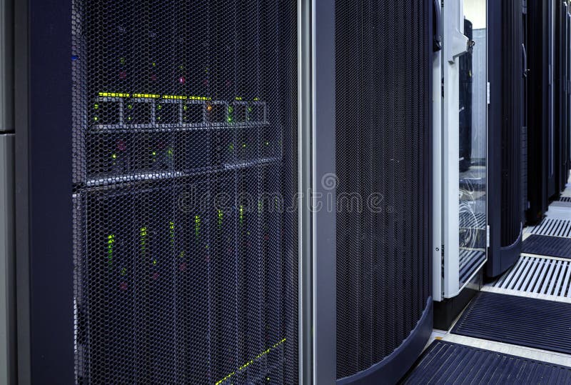 Dark Server Room of Modern Data Center Storage with Blue Lights Stock ...