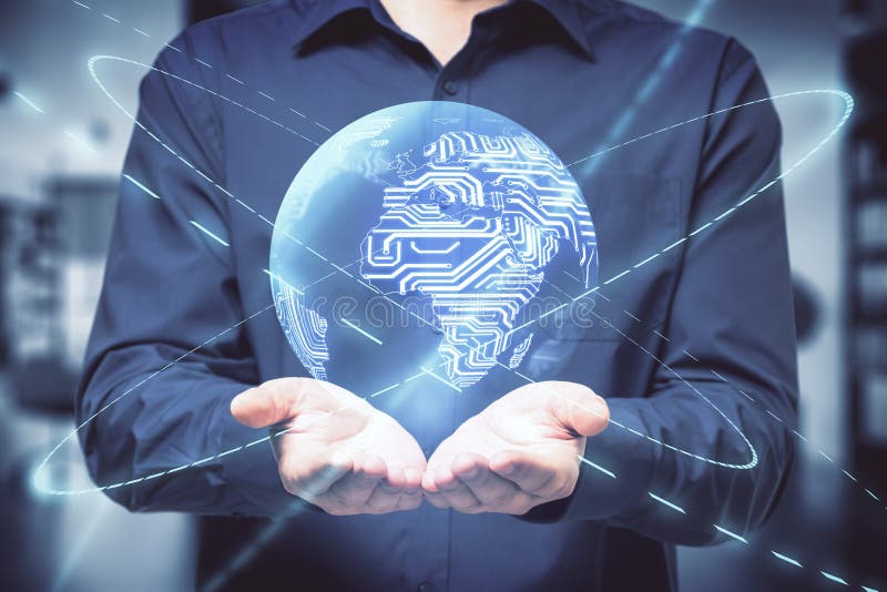 Big Data and Global Communication Concept with Man Hands and Digital ...