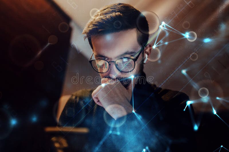 Programmer or Engineer Working with CGI Graphic of Data, Graphs and ...