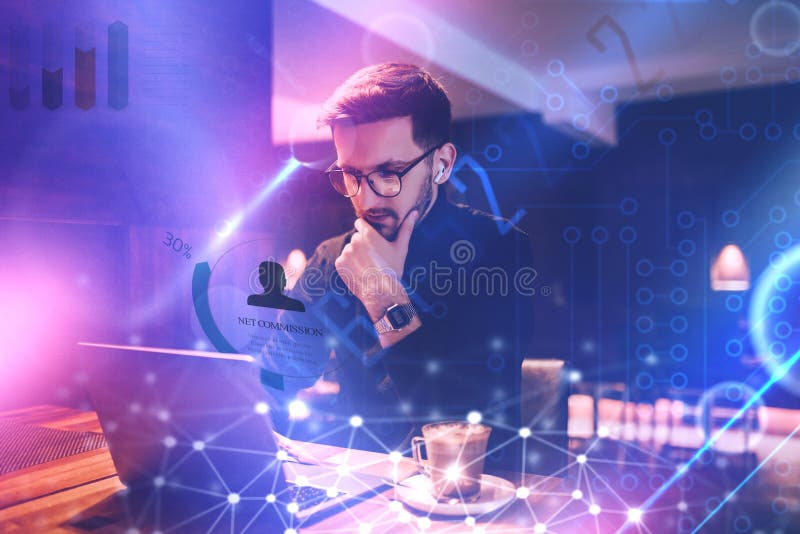 Programmer or Engineer Working with CGI Graphic of Data, Graphs and Charts. Portrait Face of an ...