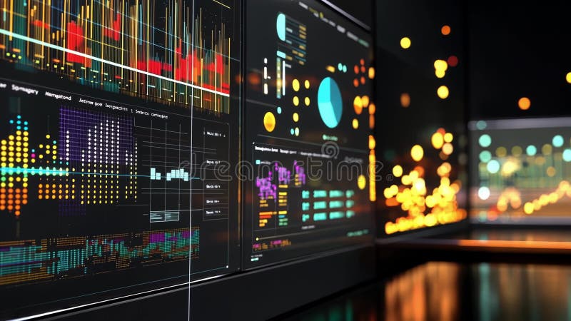 Multiple Screens Showing Colorful Futuristic User Interface with Charts and Data Analysis Stock ...