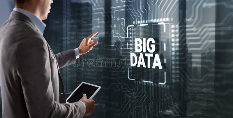 Big Data on Server Racks Background. Man Clicking on a Virtual Screen ...