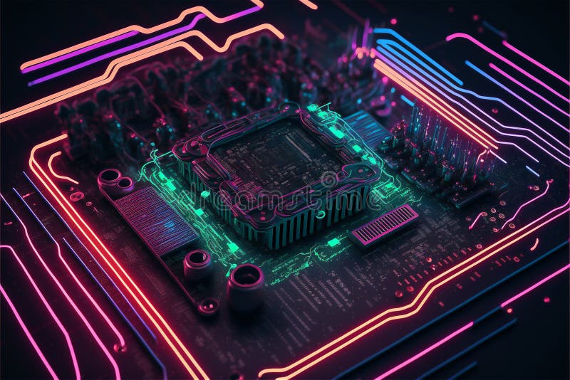 Central Computer Processor with Neon Lights. Cyberspace Motherboard ...