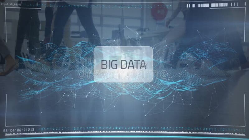 Big Data Text with Digital Network Animation Over People Working in ...
