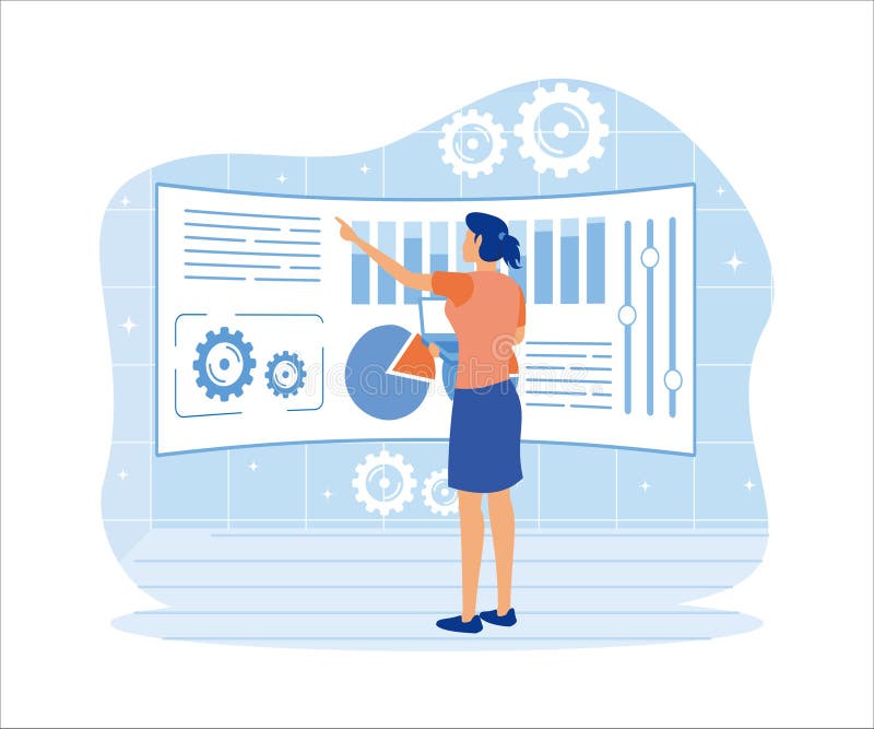 Big Data Visualization Concept. Woman Analyzing Data Visualization on Diagram Stock Vector ...