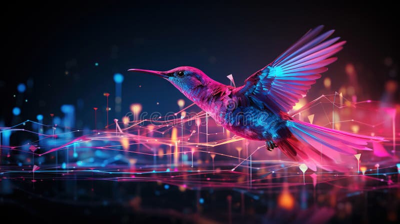 Big Data Visualization. Flight of a Digital Humming Bird in Neon Colors ...