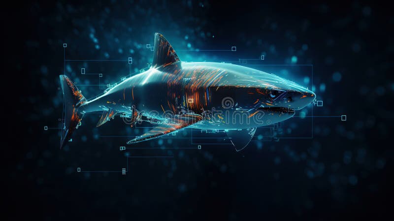 Big Data Visualization Where a Digital Shark Swims in the Data Stream. Futuristic Background ...
