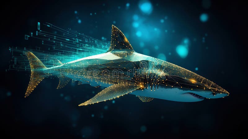 Big Data Visualization Where a Digital Shark Swims in the Data Stream. Futuristic Background ...