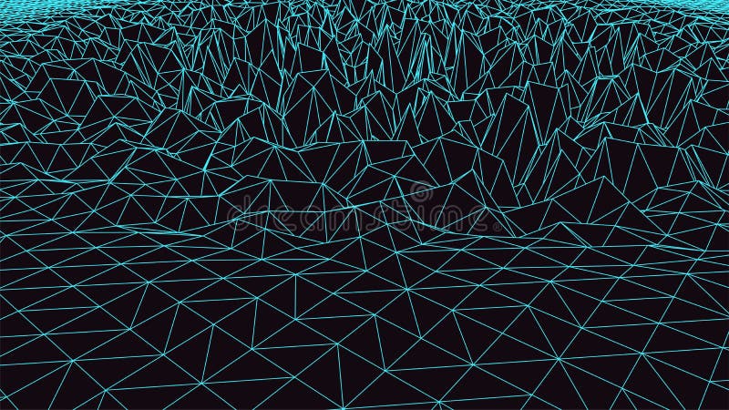 Big Data Visualization. Wireframe Digital Landscape. Blue Triangle Mesh ...