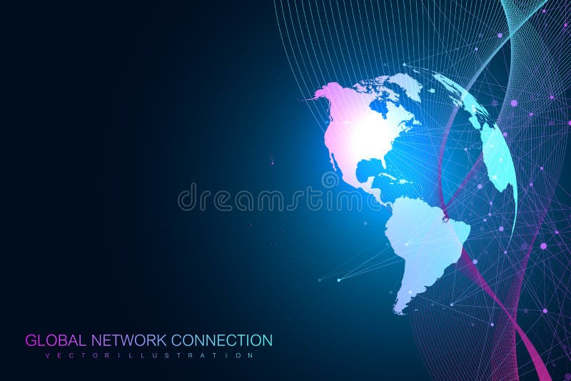Big Data Visualization With A World Globe Abstract Vector Background With Dynamic Waves Stock