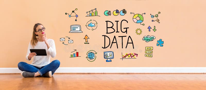 Big Data with Woman Using a Tablet Stock Photo - Image of home, cartoon ...