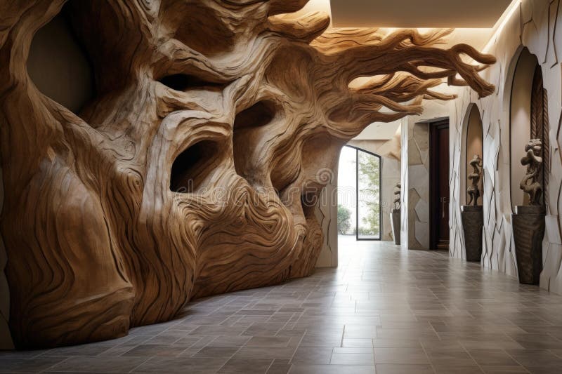 Big Decorative Stone and Wooden Tree Trunk Wall Decor in Luxury Hallway ...