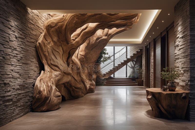 Big Decorative Stone and Wooden Tree Trunk Wall Decor in Luxury Hallway ...