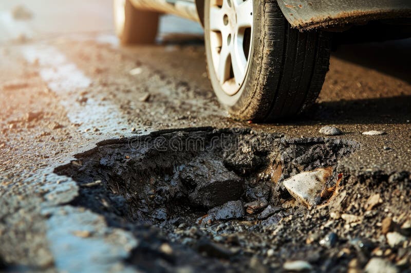 Big Deep Pothole and Car Tire on the Road Stock Illustration ...