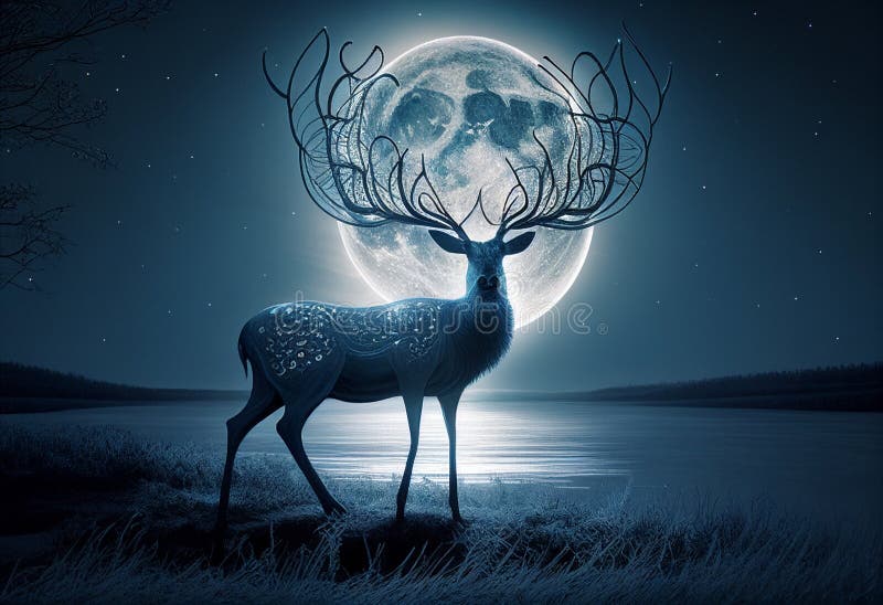 Big Deer Against the Backdrop of a Full Bright Moon. AI Generated Stock ...