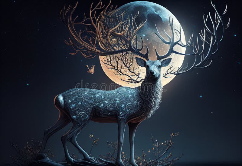 Big Deer Against the Backdrop of a Full Bright Moon. AI Generated Stock ...