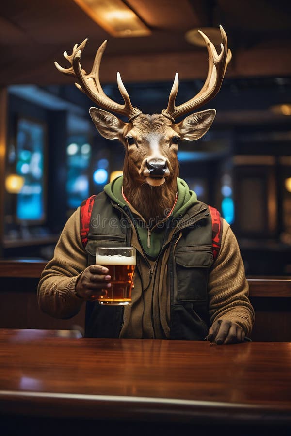 Big Deer in Clothes Sitting in Bar with Glass of Light Beer in Hand ...